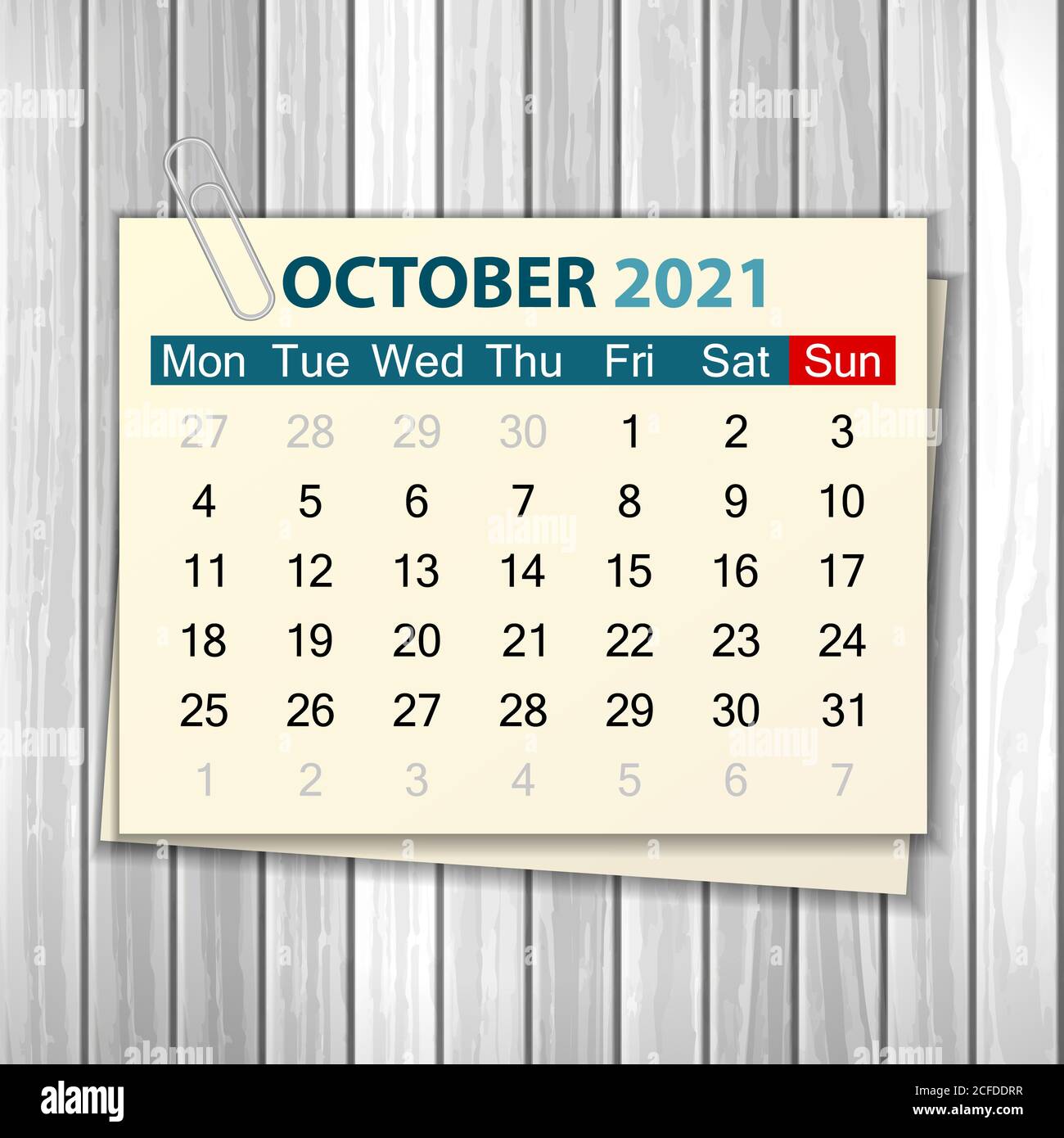 Calendar October 2021 on wood background. Vector illustration Stock ...