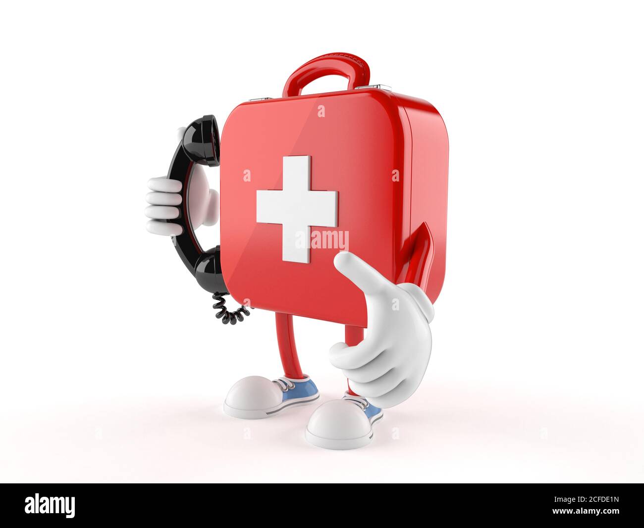 First aid kit character holding a telephone handset isolated on white ...