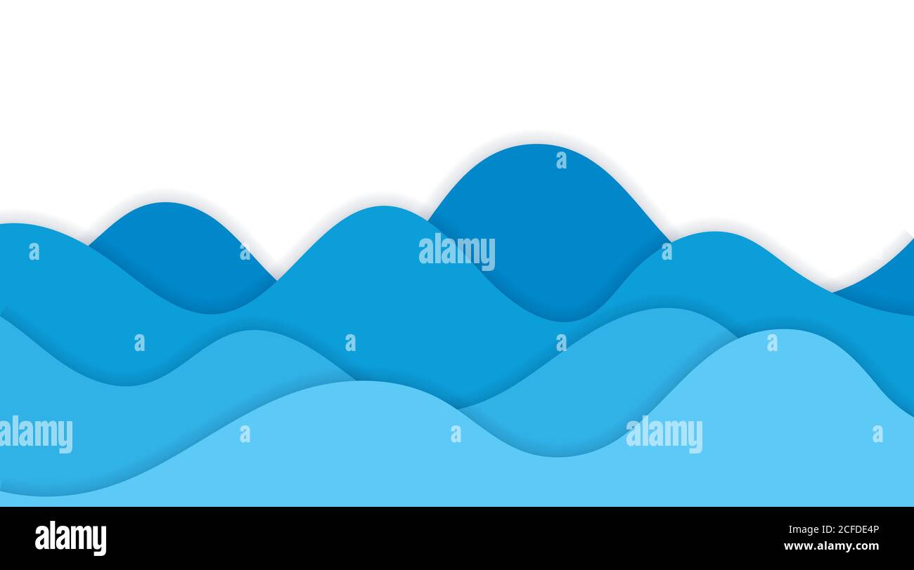 Blue water curves paper cut layers on white background business banner ...