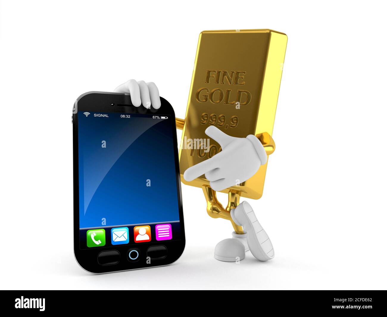 Gold character with smart phone isolated on white background Stock ...