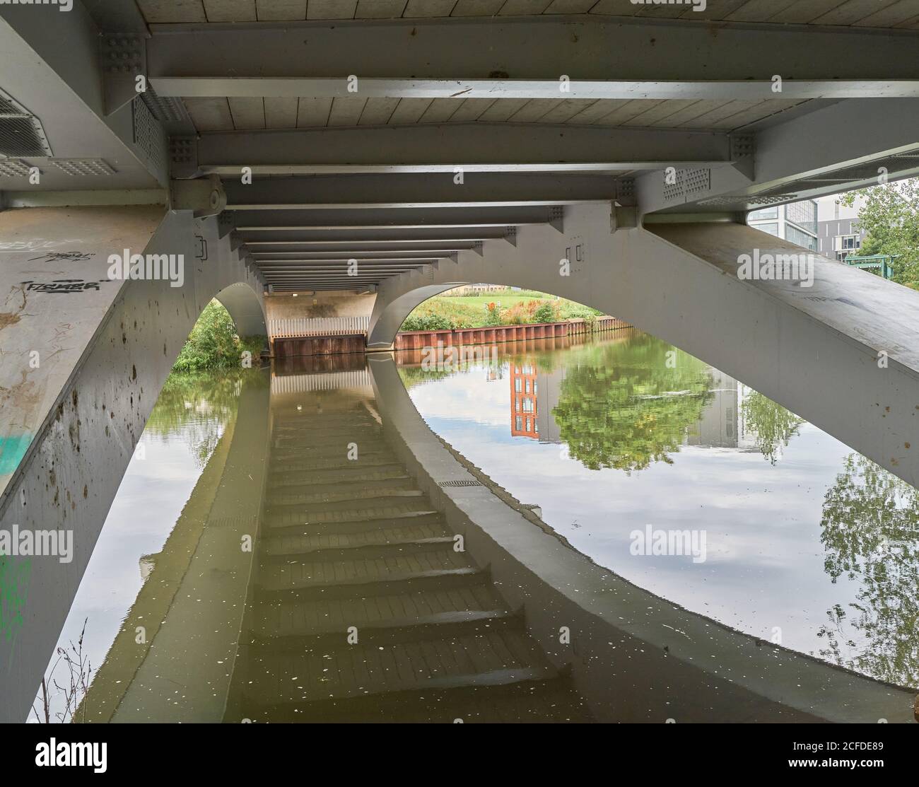 Underside of the bridge over the river Nene to the Riverside campus of ...