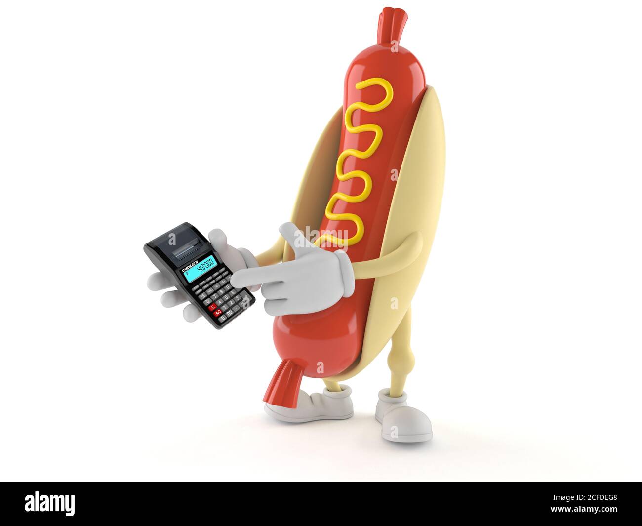 Hot dog character using calculator isolated on white background Stock ...