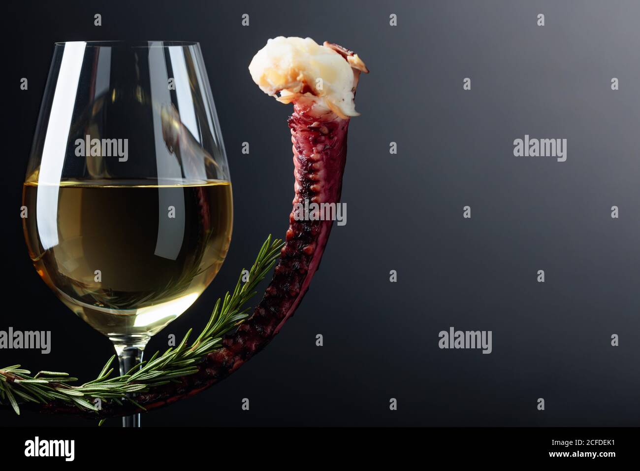 Grilled octopus and white wine glass on a black background. Copy space ...