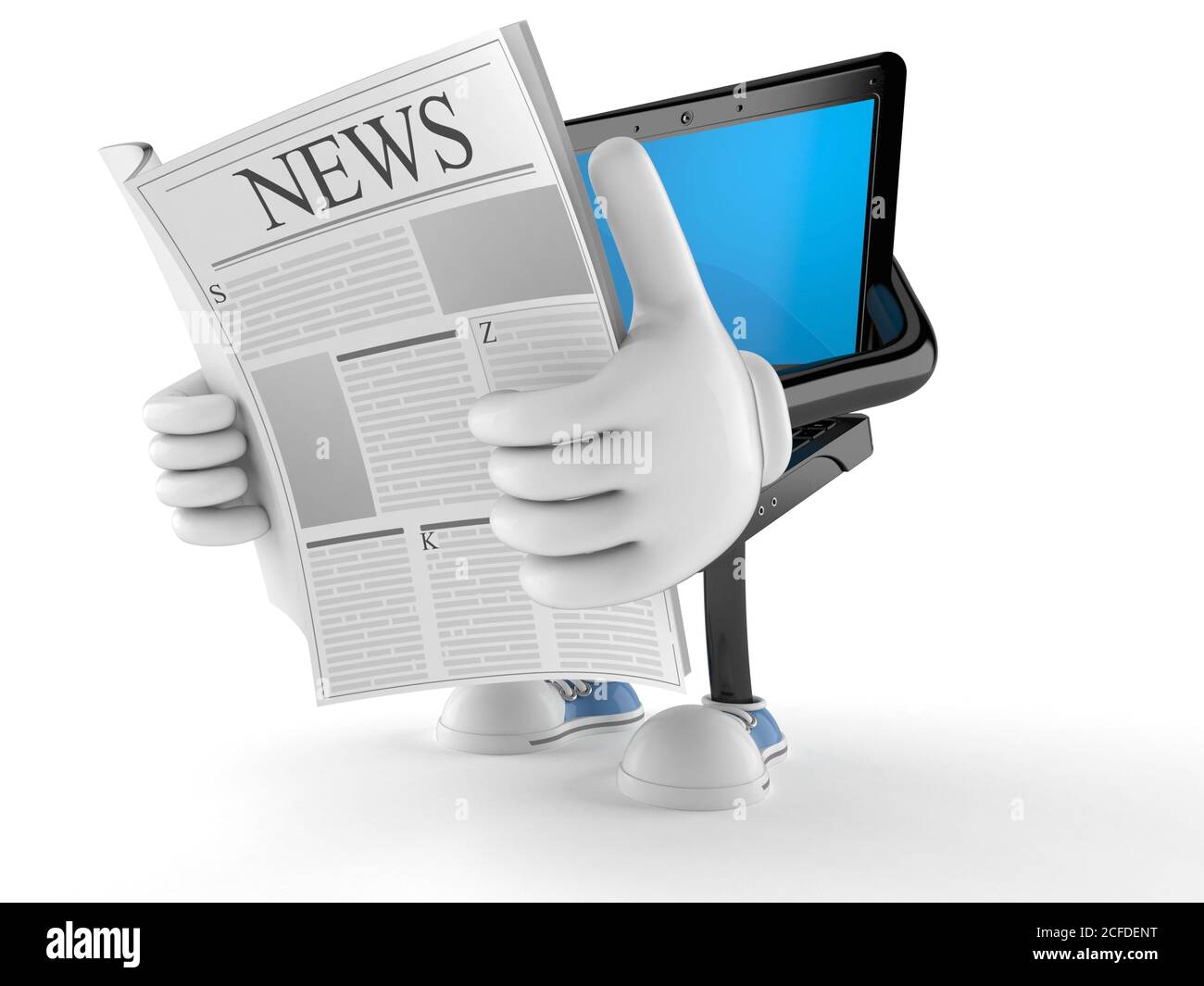 Laptop character reading a newspaper on white background Stock Photo ...