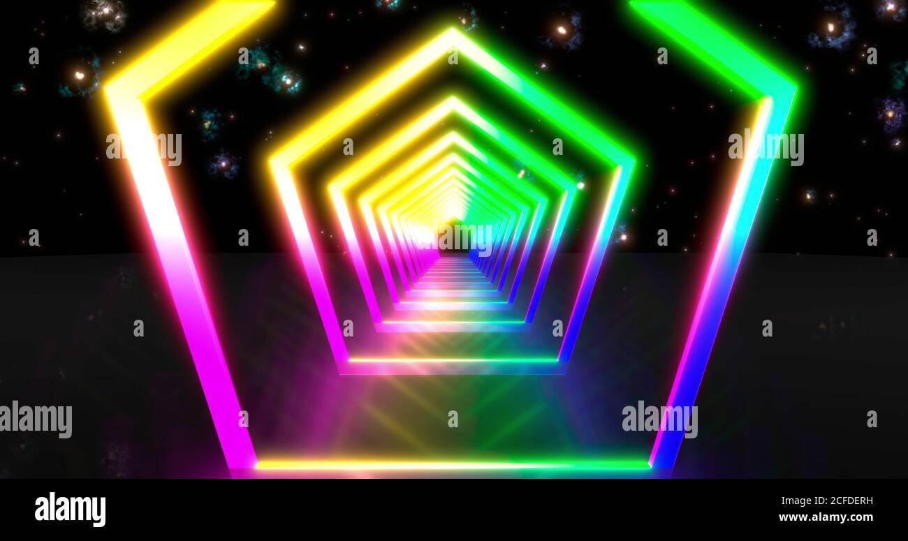 Abstract flying in futuristic disco star corridor. background, fluorescent ultraviolet light ...