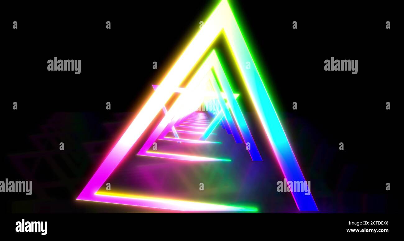 Glowing neon color triangle tunnel. Laser show background. ultraviolet ...