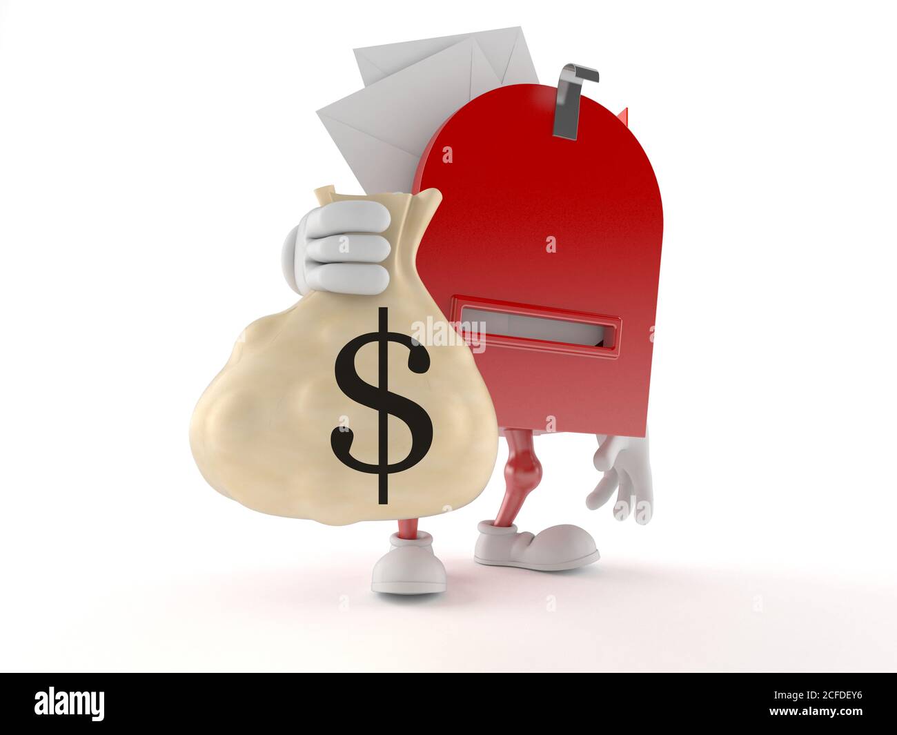 Mailbox character holding money bag isolated on white background Stock ...