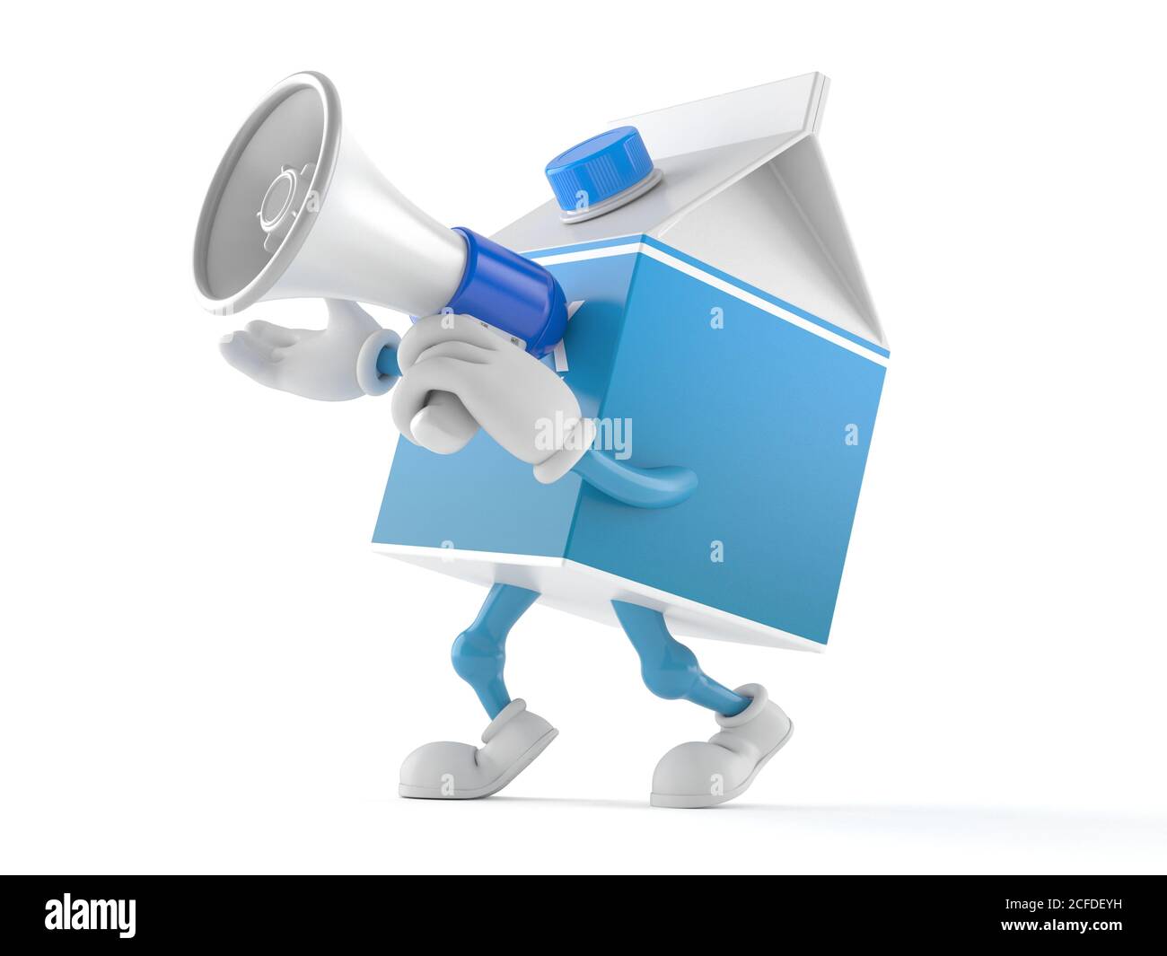 Milk box character speaking through a megaphone isolated on white ...