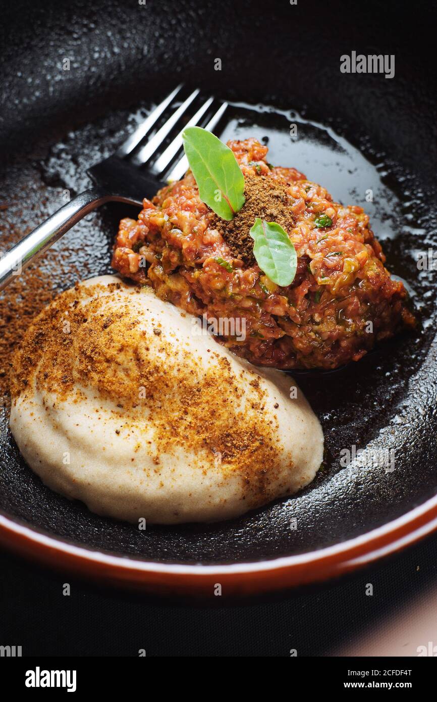 From above delicious fried minced meat with spinach and cream sauce ...