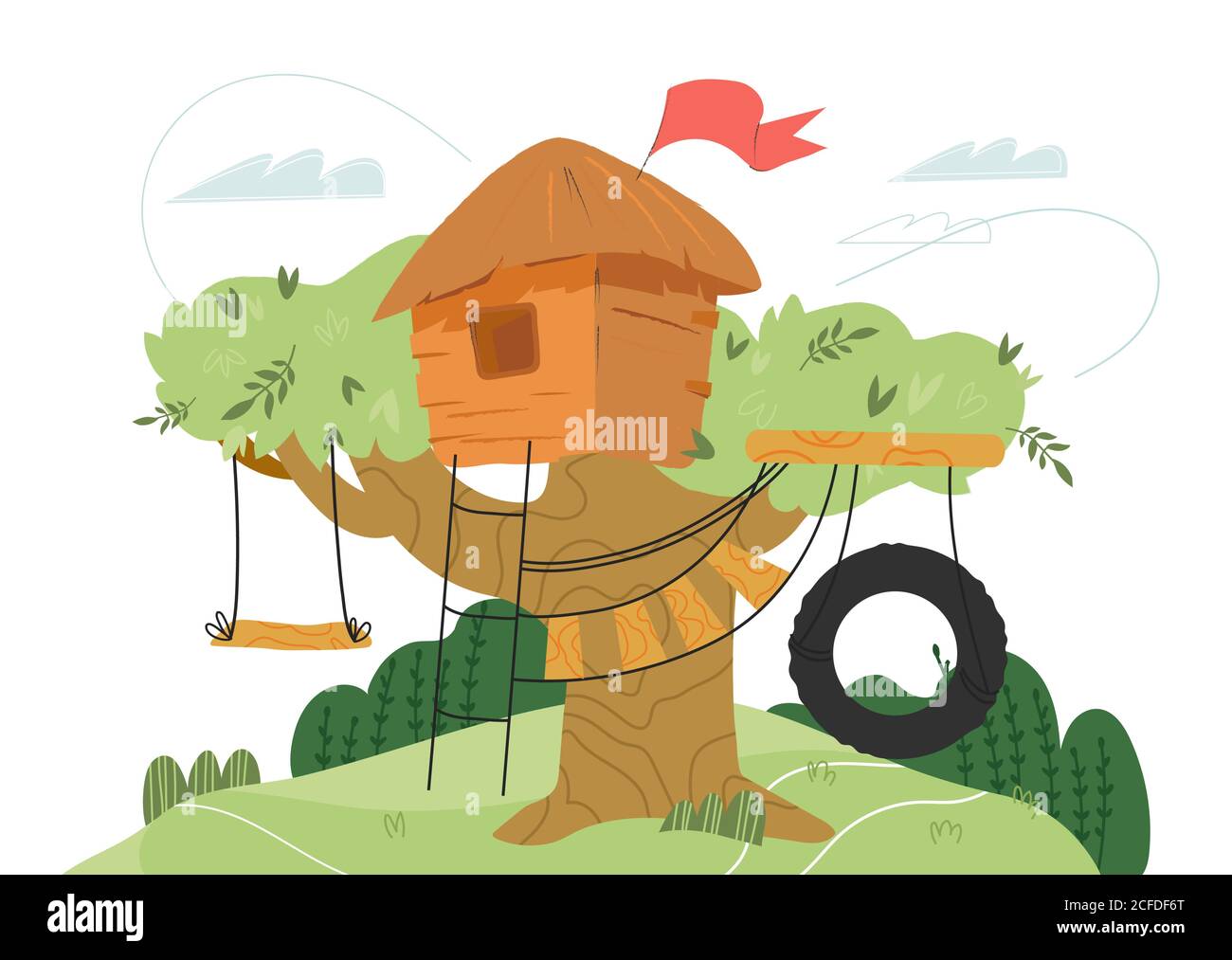 Children playground background with treehouse, swings and rope ladders ...