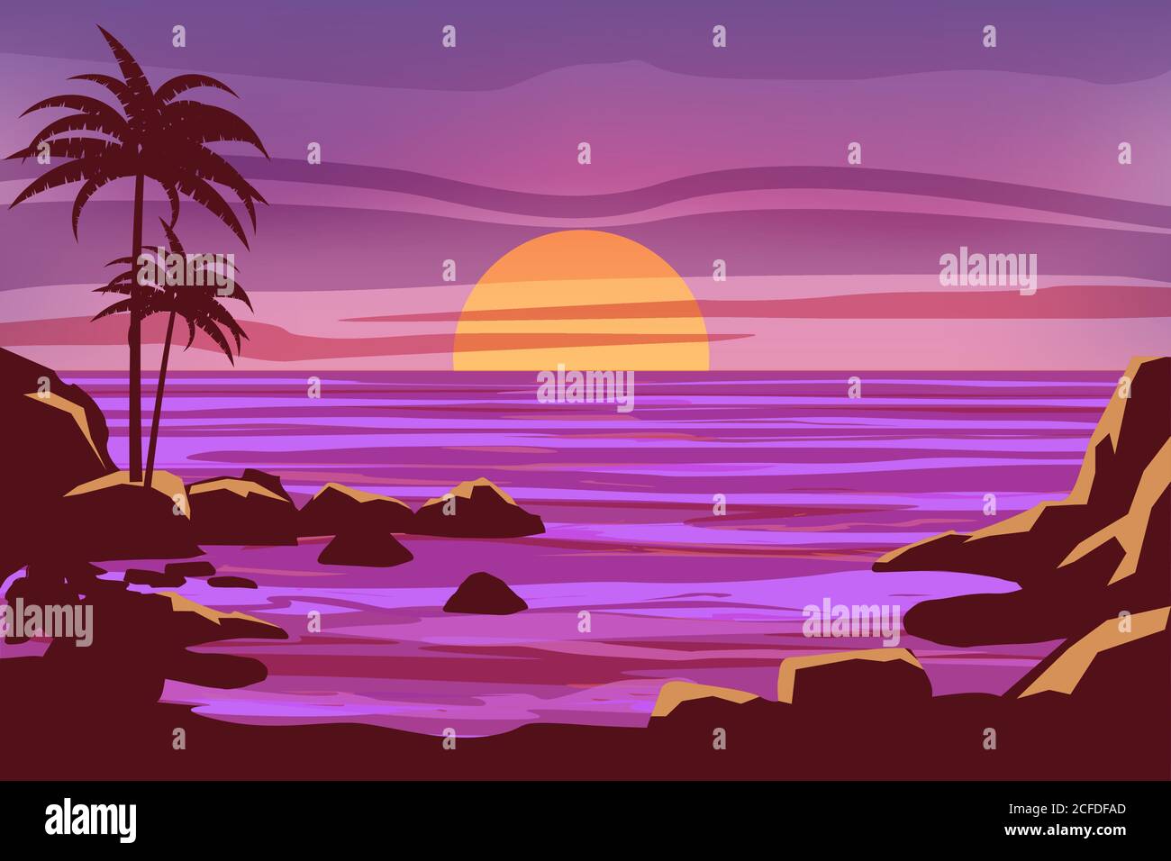 Tropical beautiful sunset, landscape, palms, sea, stones, vector ...