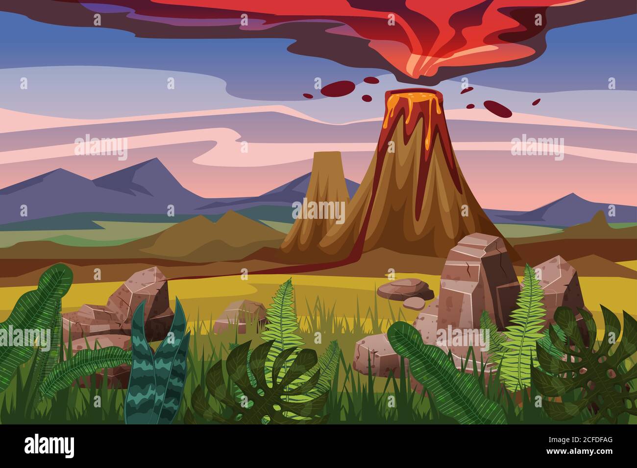 Volcano eruption, background landscape plain, vegetation, stones ...