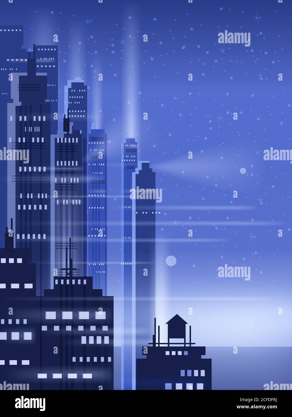 Night city, city scene, skyscrapers, towers, starry sky, lights ...