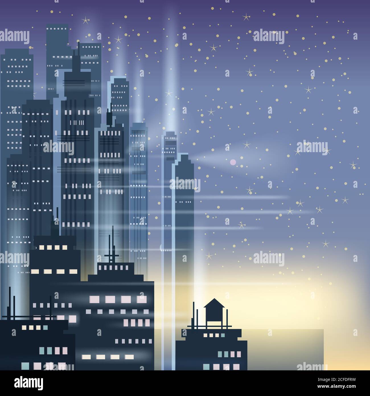 Night city, city scene, skyscrapers, towers, starry sky, lights ...