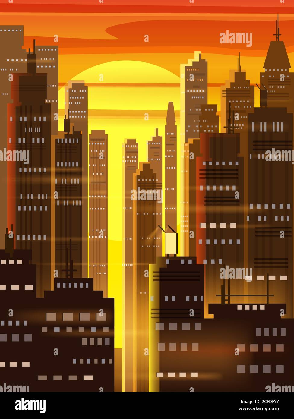 Sunset city, city scene, skyscrapers, towers, starry sky, lights ...