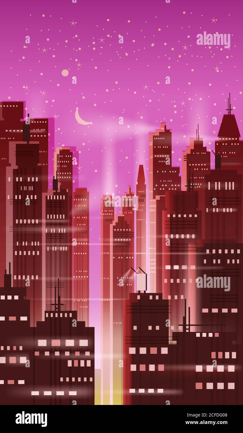 Night city, city scene, skyscrapers, towers, starry sky, lights ...