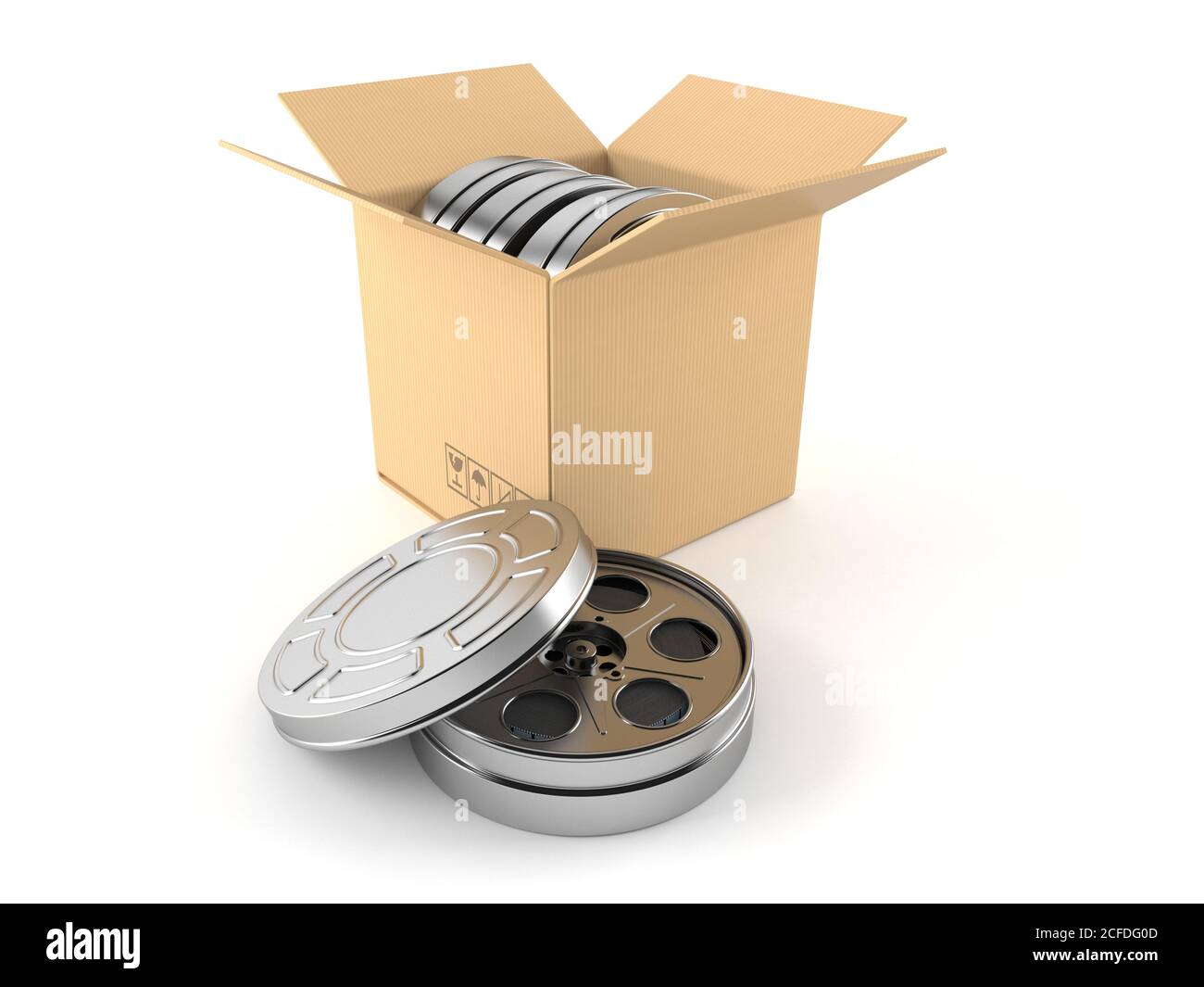 Box with film reels isolated on white background Stock Photo - Alamy