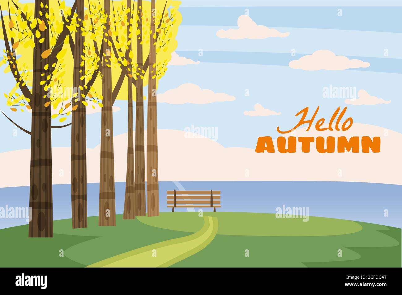 Autumn landscape, trees with yellow leaves, lonely bench for ...