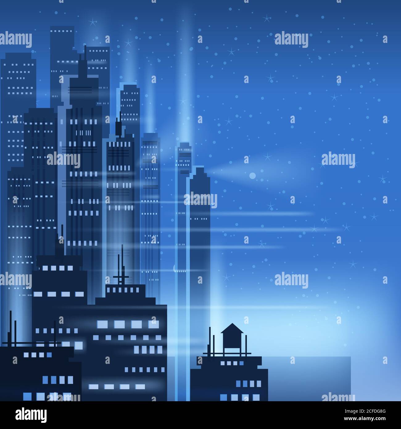 Night city, city scene, skyscrapers, towers, starry sky, lights ...