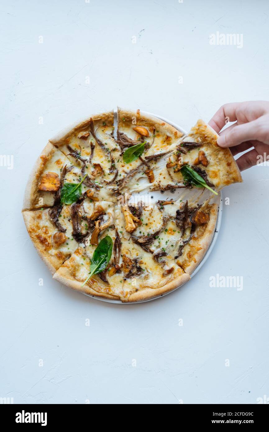 Overhead anonymous person taking slice of palatable seafood pizza with ...