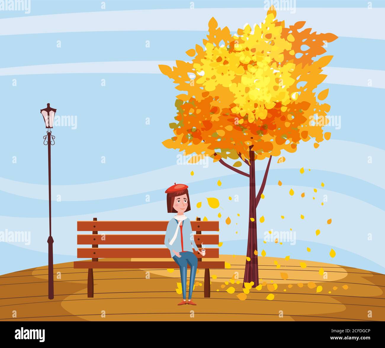 Autumn, happy girl sitting on a bench with a cup of coffee, under a ...