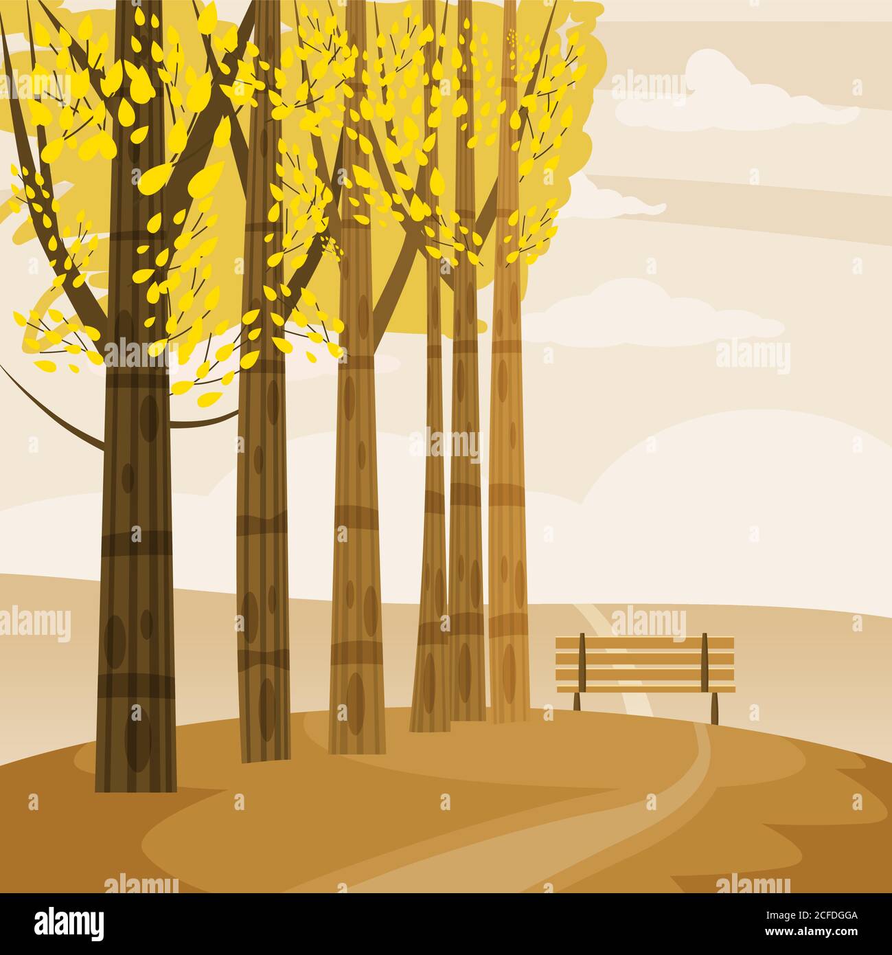 Autumn landscape with trees, hills, branch, and fall leaves, vactor ...