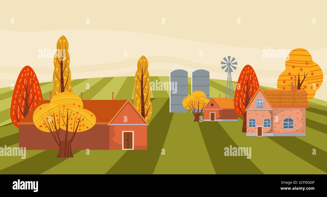 Farm modern flat cartoon design style vector illustration on green ...