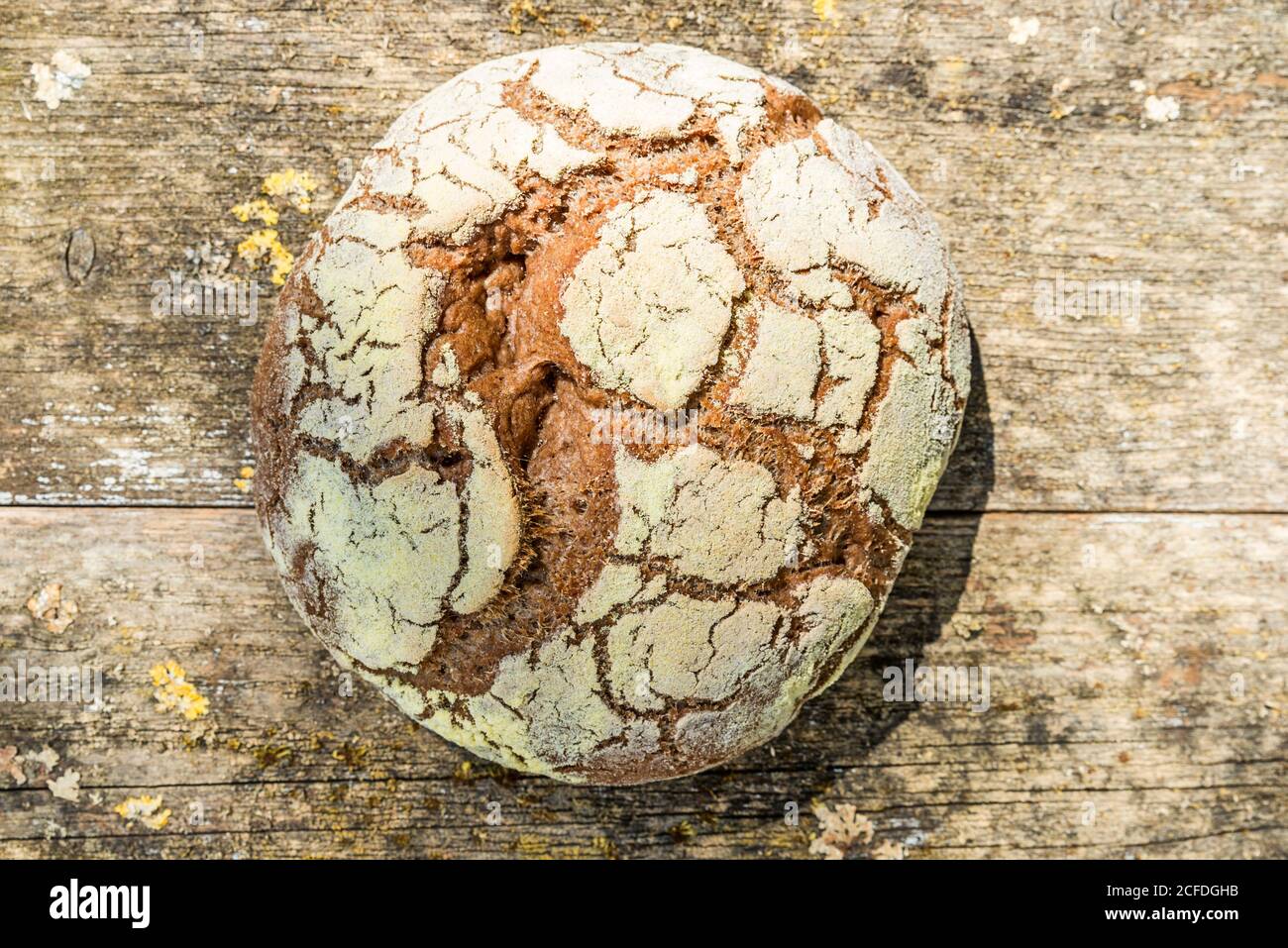 Round, freshly baked loaf of bread from above, weathered wood ...