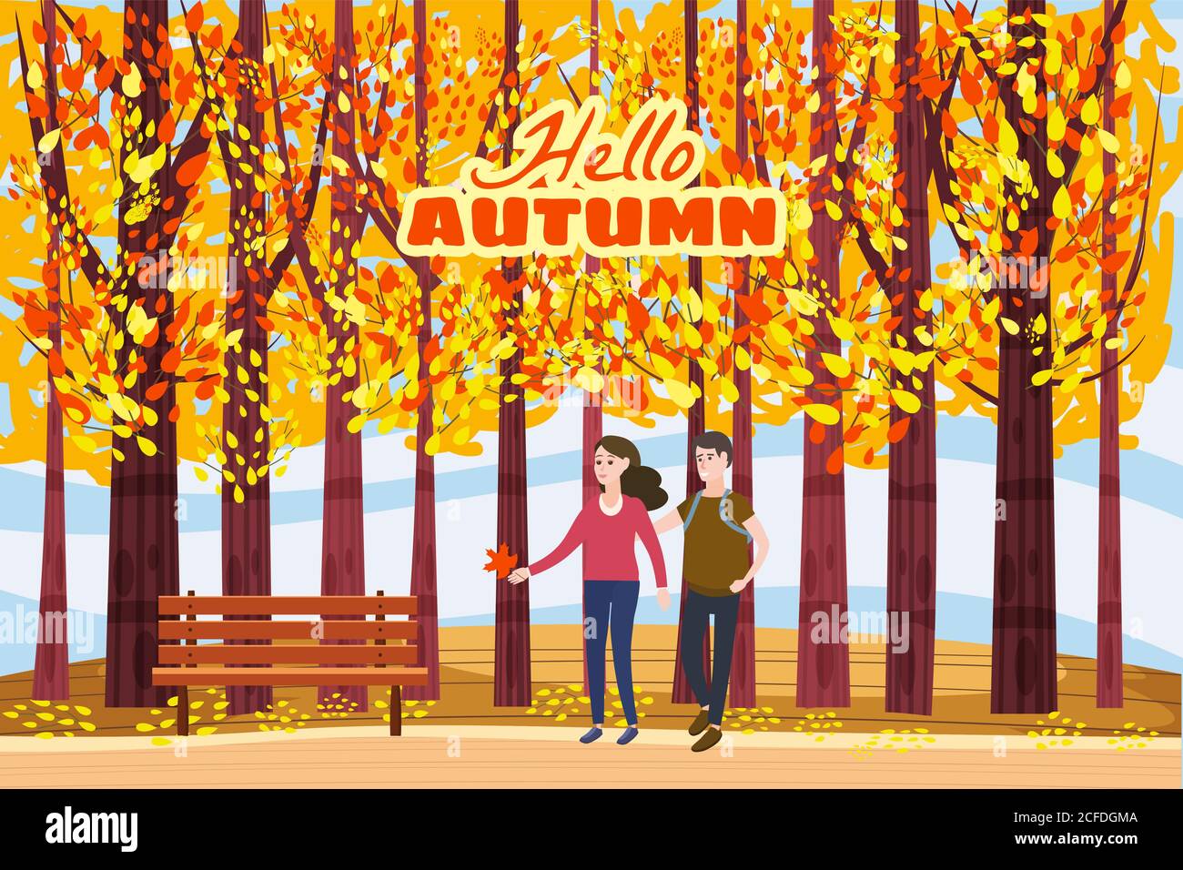 Autumn alley, couple guy and girl characters walking along the path in ...