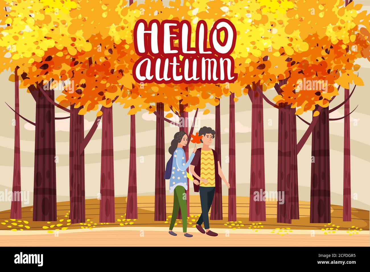 Hello autumn, Autumn alley, couple guy and girl characters walking ...