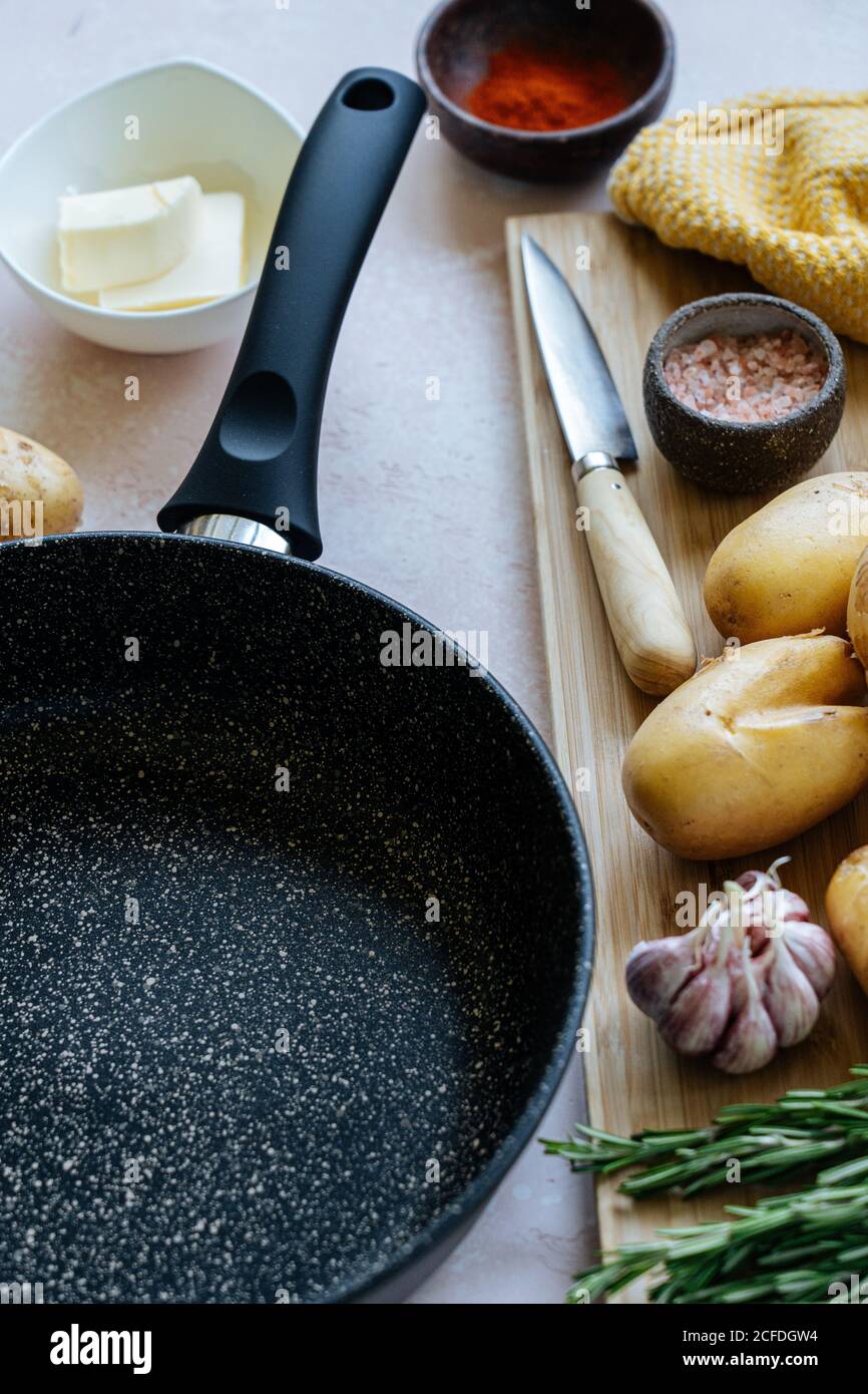 Cooking ingredients near frying pan Stock Photo - Alamy