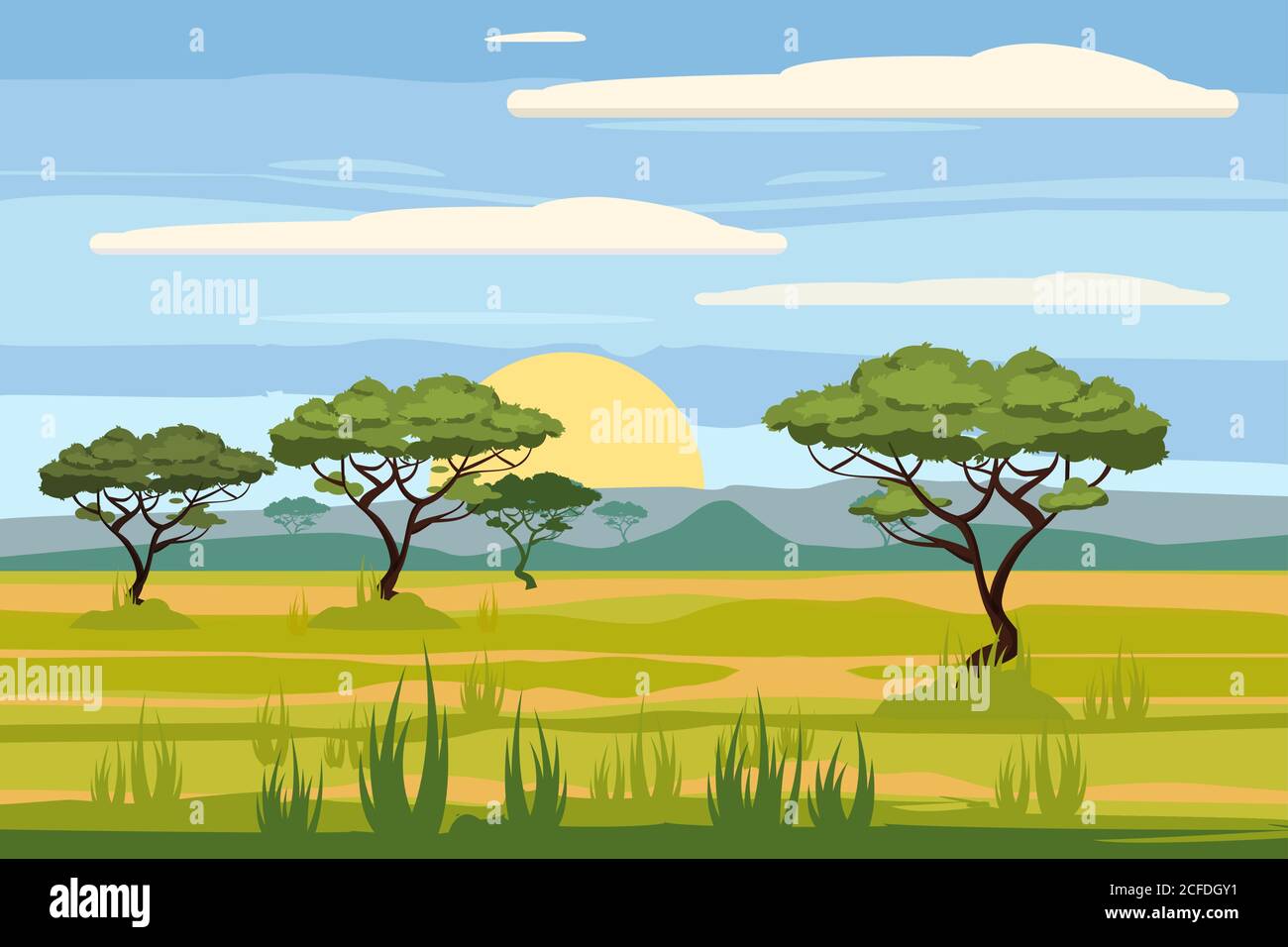 African landscape, savannah, sunset, vector, illustration, cartoon ...