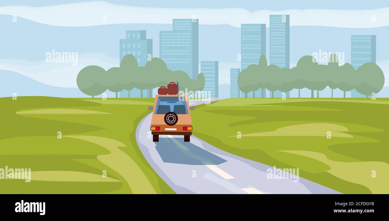 Road way to city buildings on horizon vector illustration, car highway ...