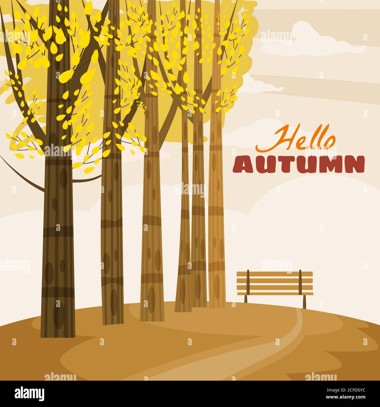 Autumn landscape with trees, hills, branch, and fall leaves, vactor ...