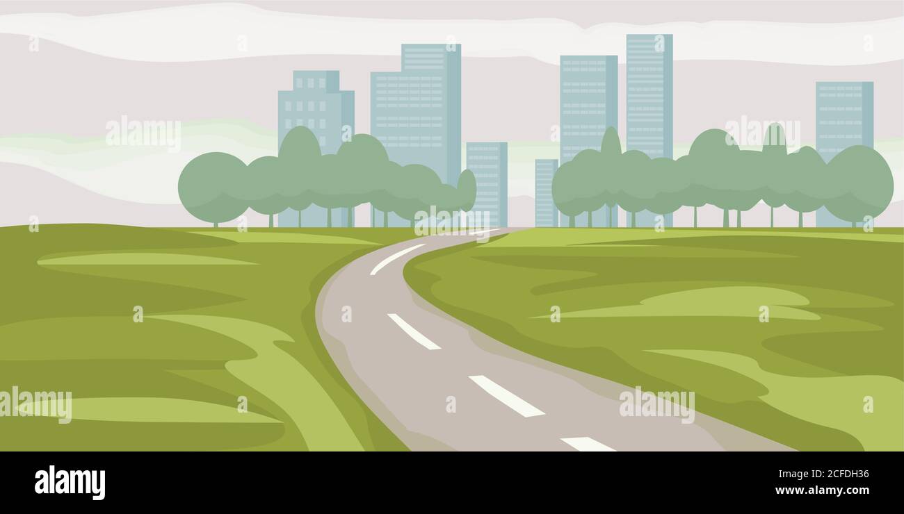 Road way to city buildings on horizon vector illustration, highway ...
