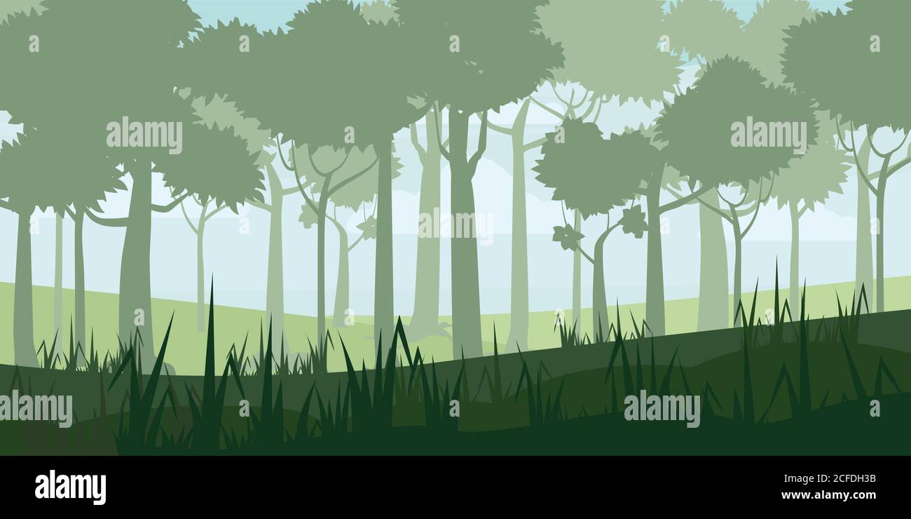Background of landscape with deep deciduous forest. Cartoon style ...