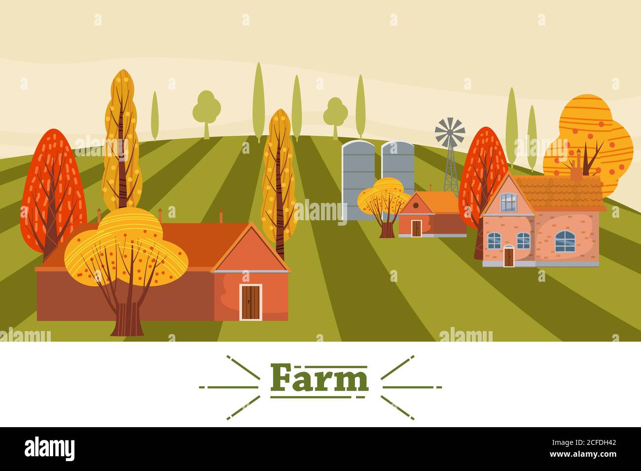 Farm modern flat cartoon design style vector illustration on green ...