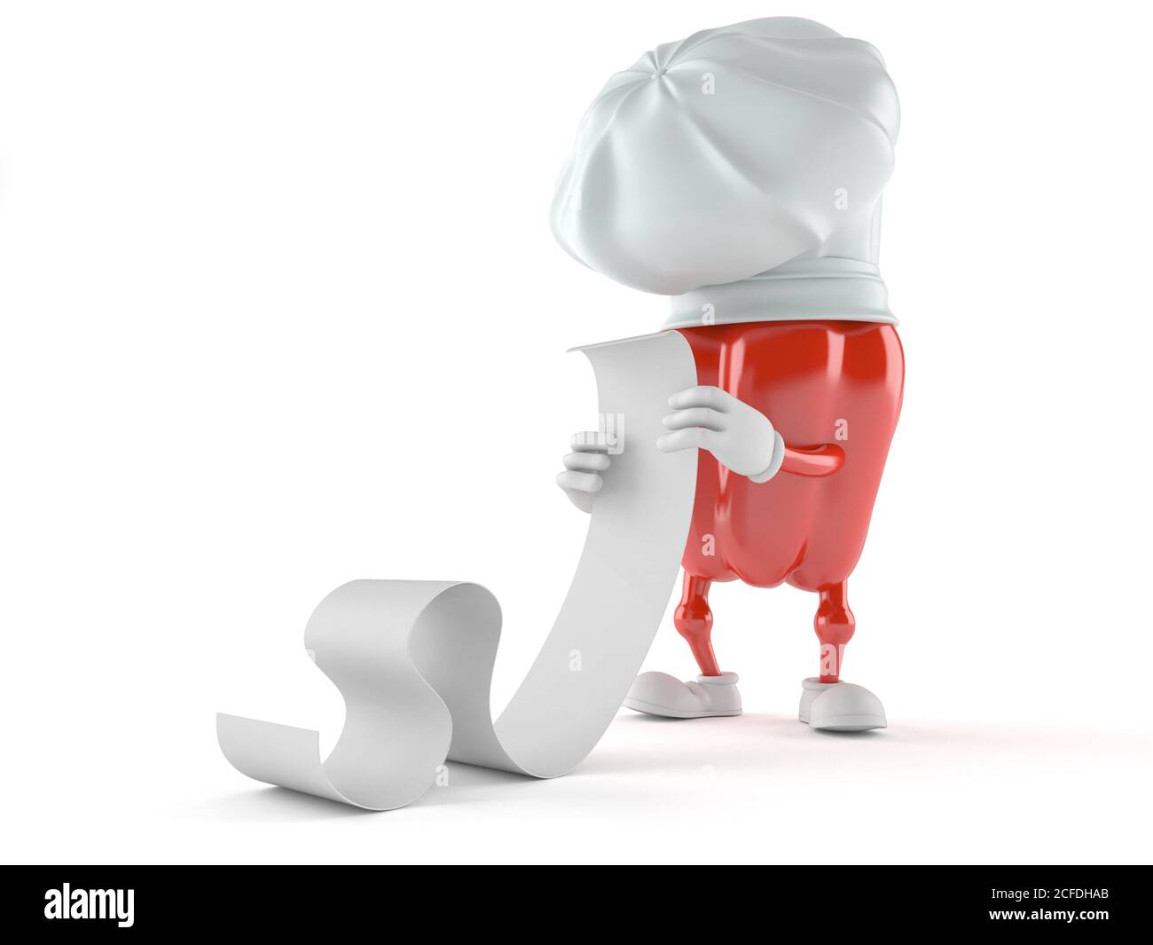 Paprika character reading long list on white background Stock Photo - Alamy