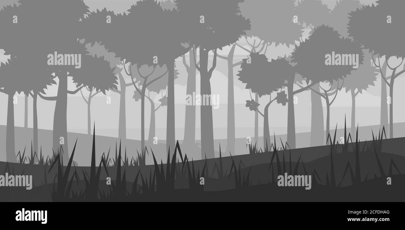 Background of landscape with deep deciduous forest. Cartoon style ...