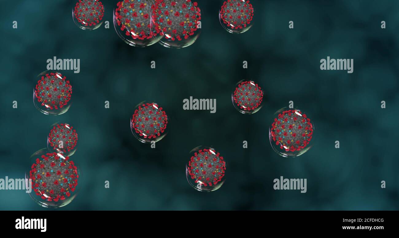 Coronavirus cells. Small droplets with Covid-19 spread pathogens ...