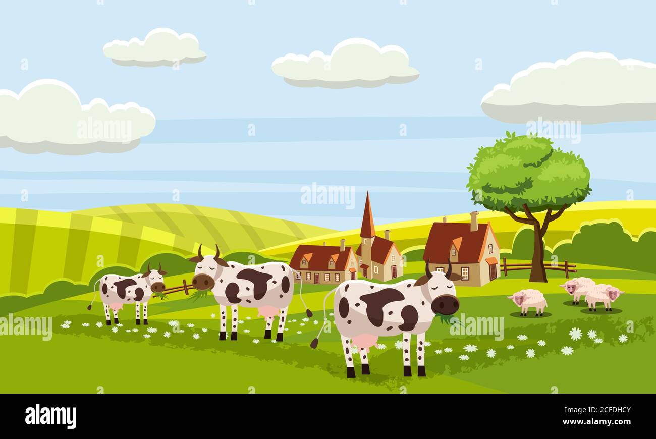 Rural cute farm view, cow, sheep, vector, illustration, isolated ...
