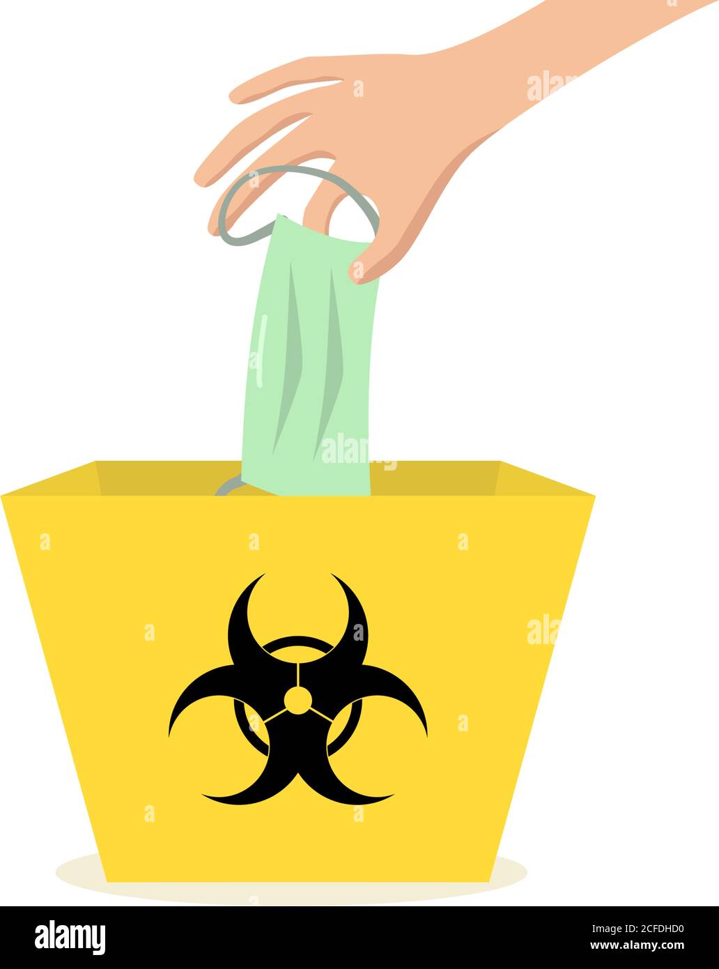 A hand bringing a medical protective mask into a yellow bin with ...