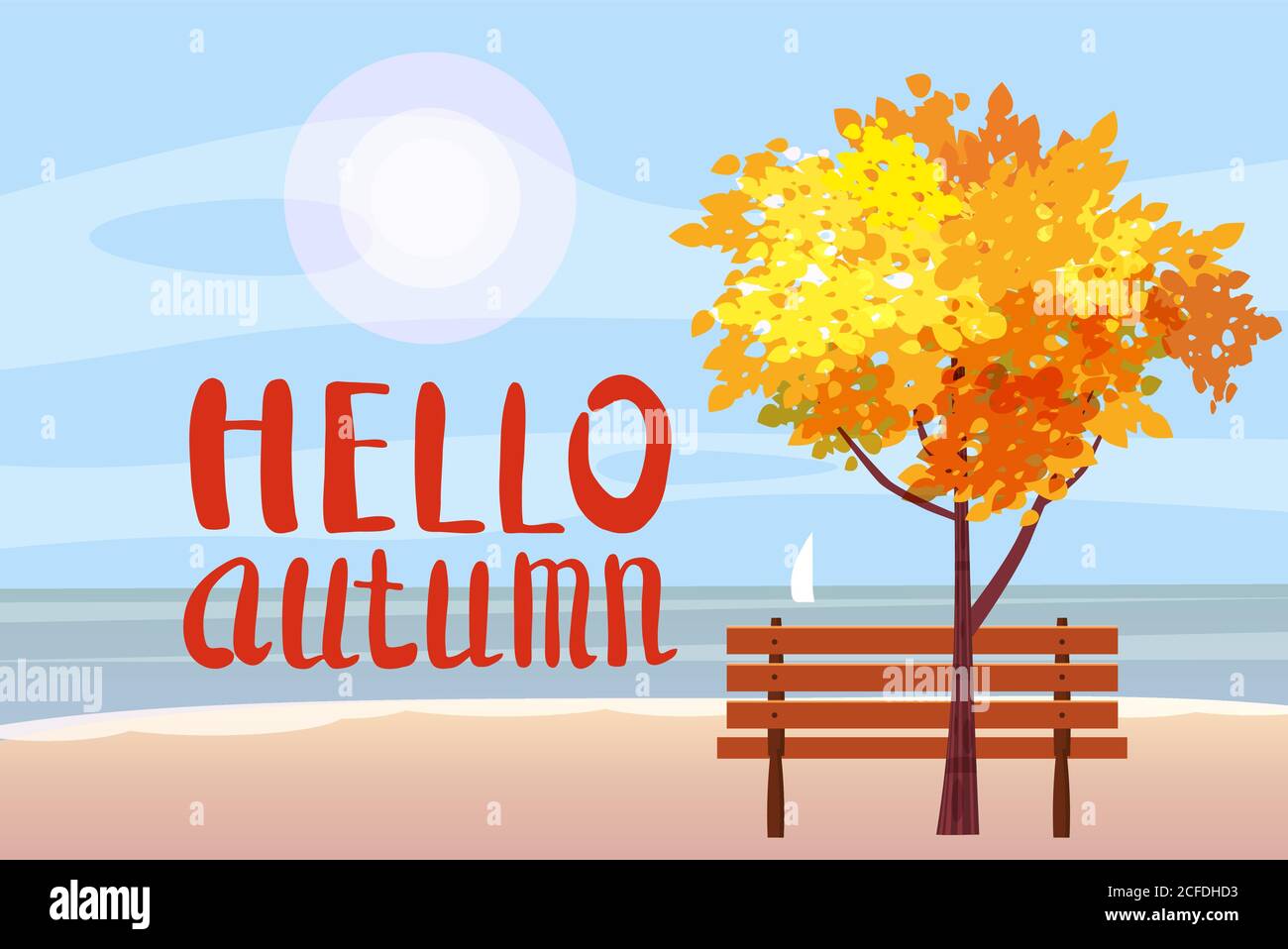 Autumn landscape on the sea, ocean, Hello Autumn lettering, tree ...