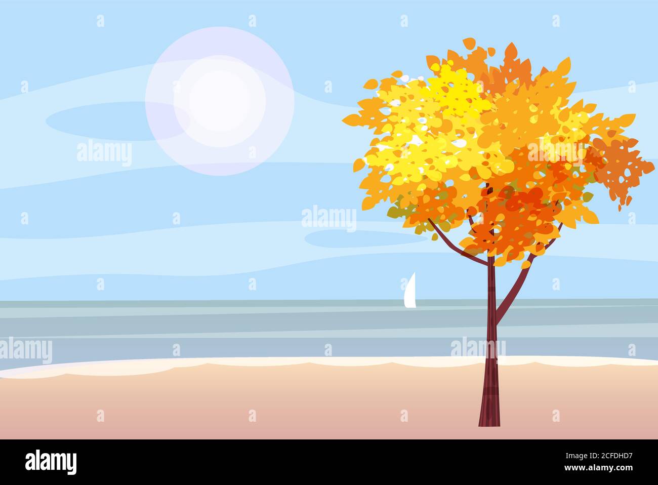 Autumn landscape on the sea, ocean, tree, sailboat panorama, autumnal ...