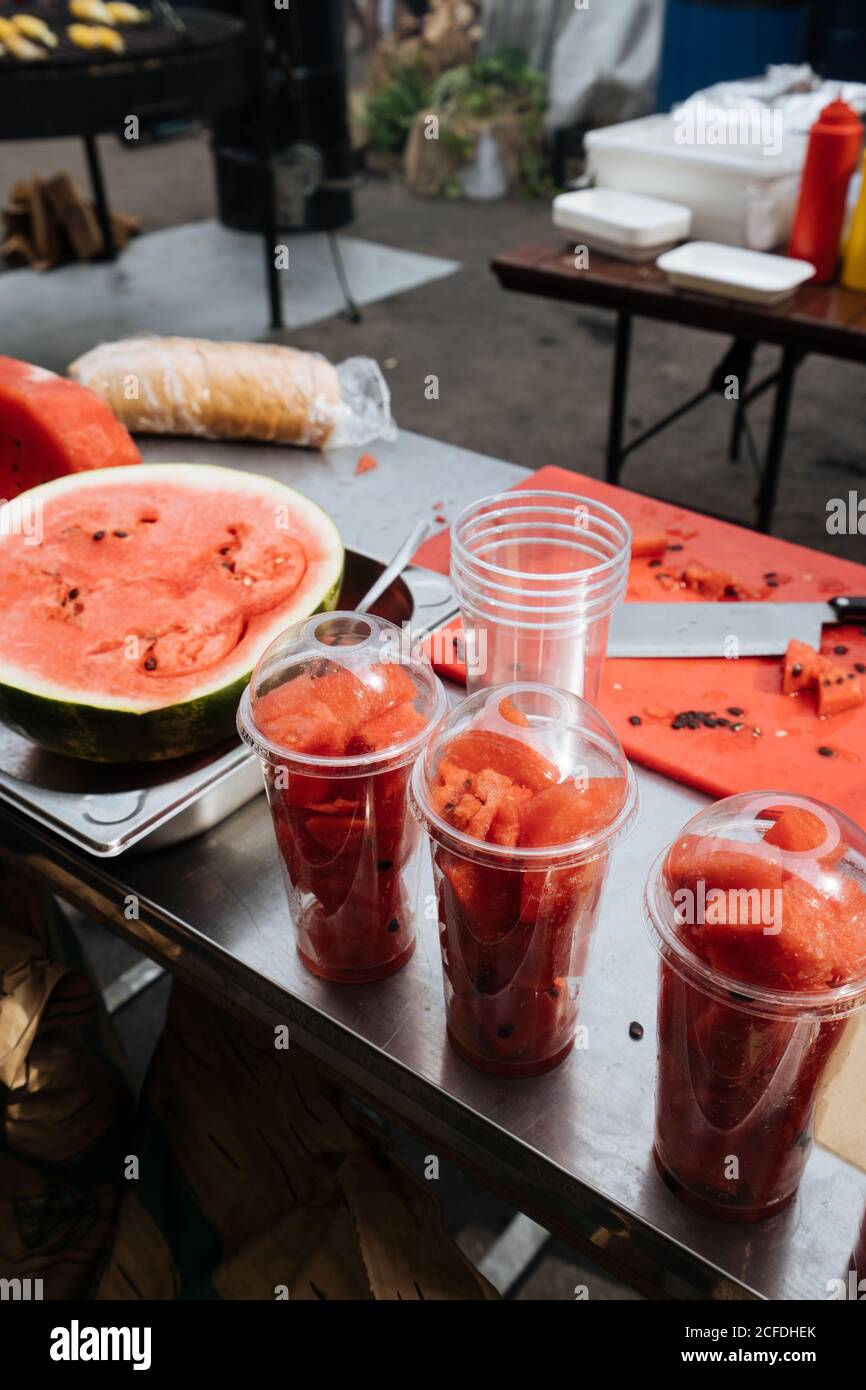 Fresh watermelon pieces on plastic hi-res stock photography and images ...