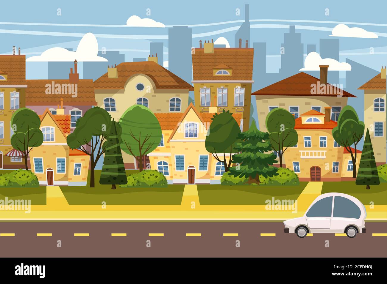 Suburban village of big city, trees, road, sky and clouds. Real estate ...