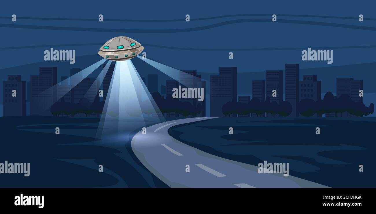 UFO flying over night city, metropolis, houses, skyscrapers, expensive ...