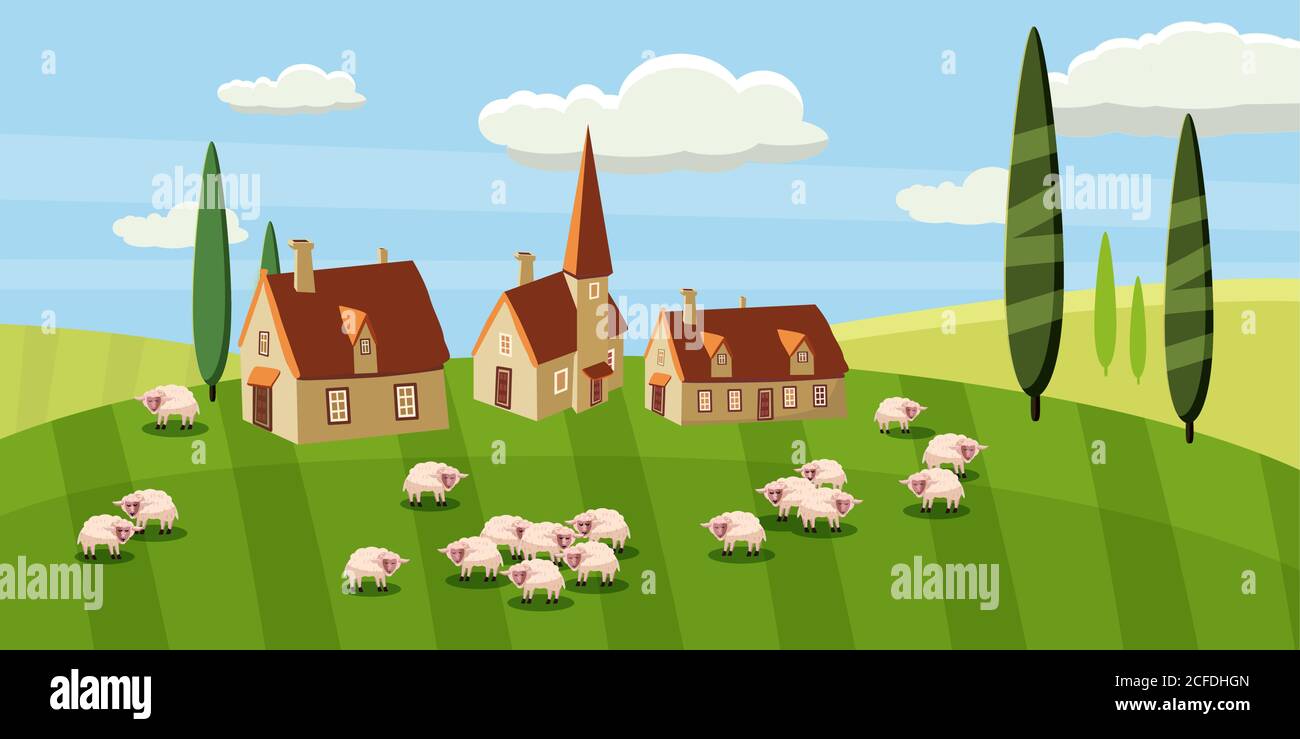 Rural landscape with a beautiful view of distant fields and hills. Farm ...