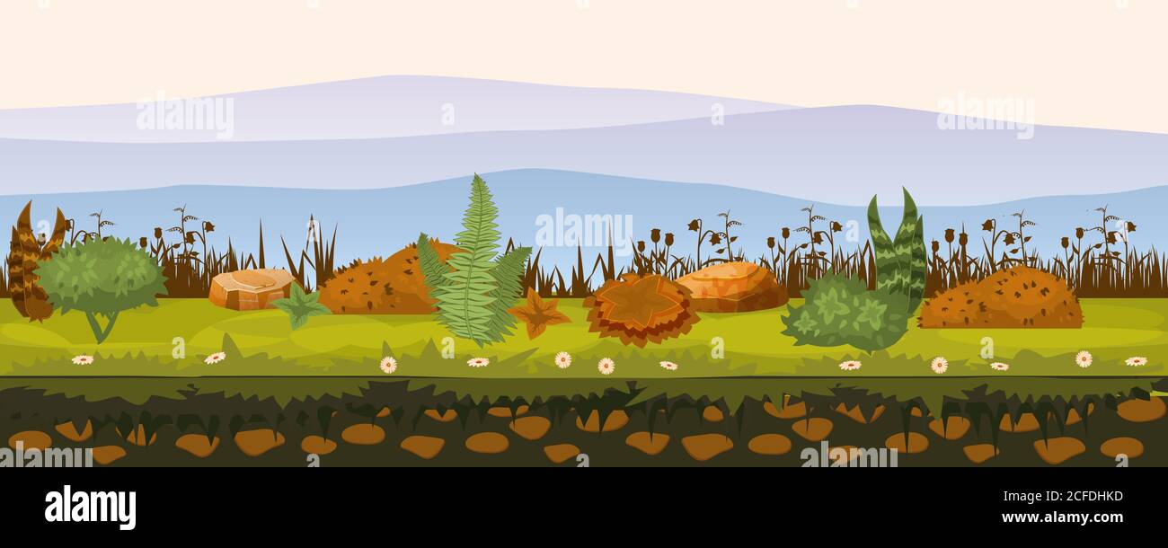 Soil and land with different types of vegetation, grass, foliage ...