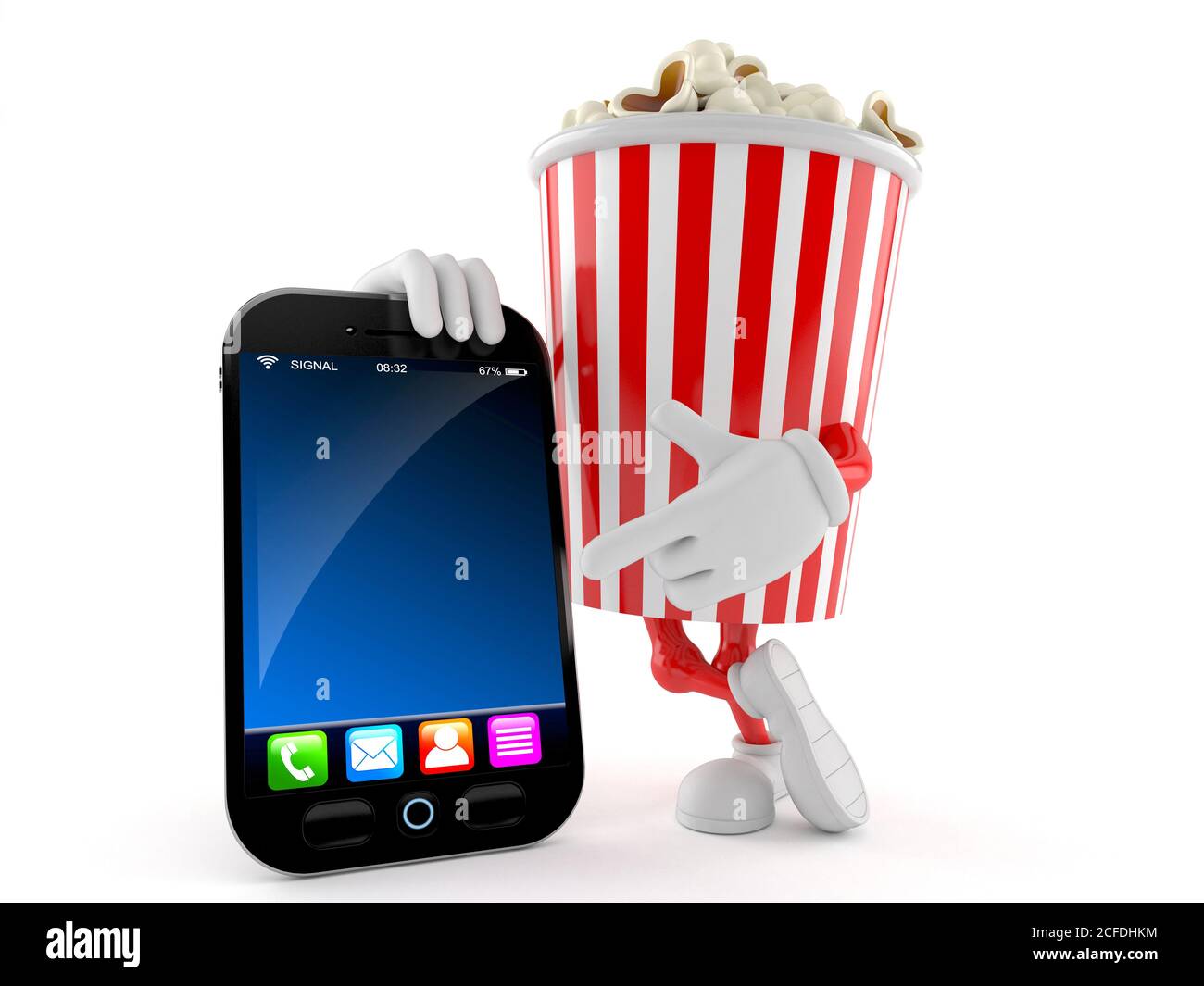 Popcorn character with smart phone isolated on white background Stock ...